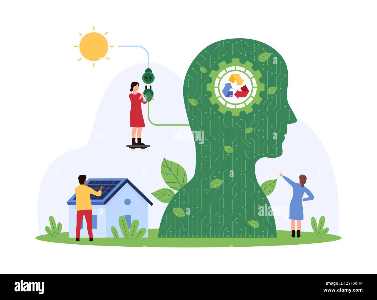 Concept of renewable energy with tiny people integrating solar panels ...