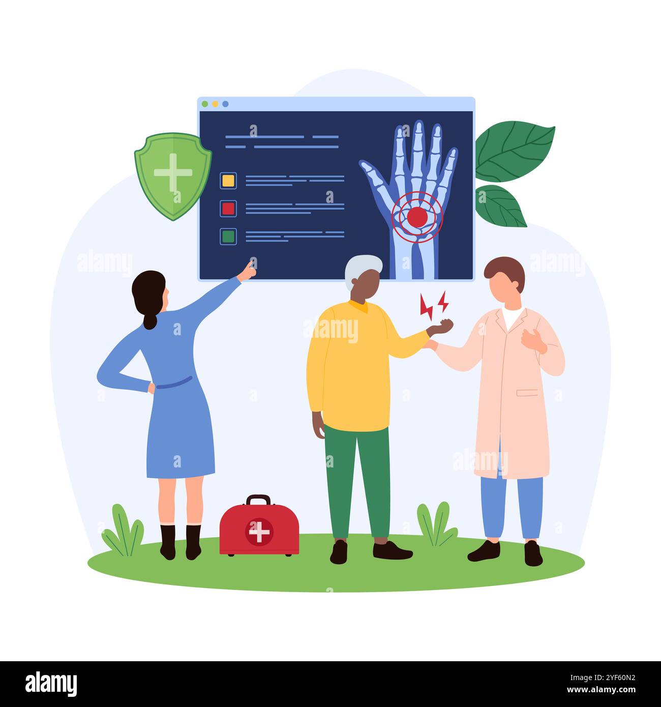 Medical professionals analyzing hand arthritis with an X-ray ...