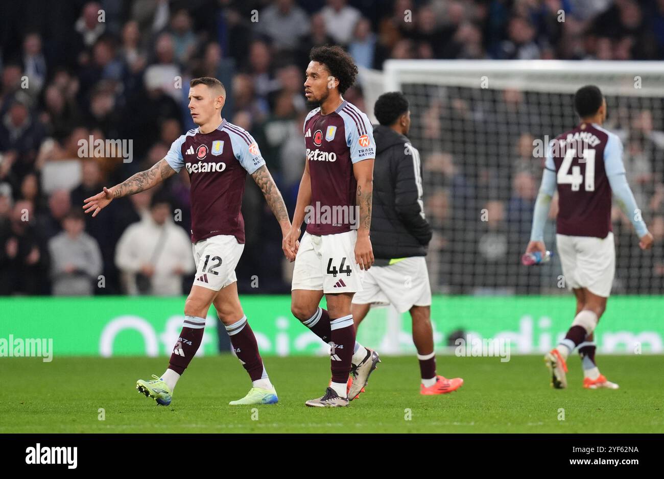 Aston Villa's Lucas Digne (left) and Boubacar Kamara appear dejected after the Premier League ...