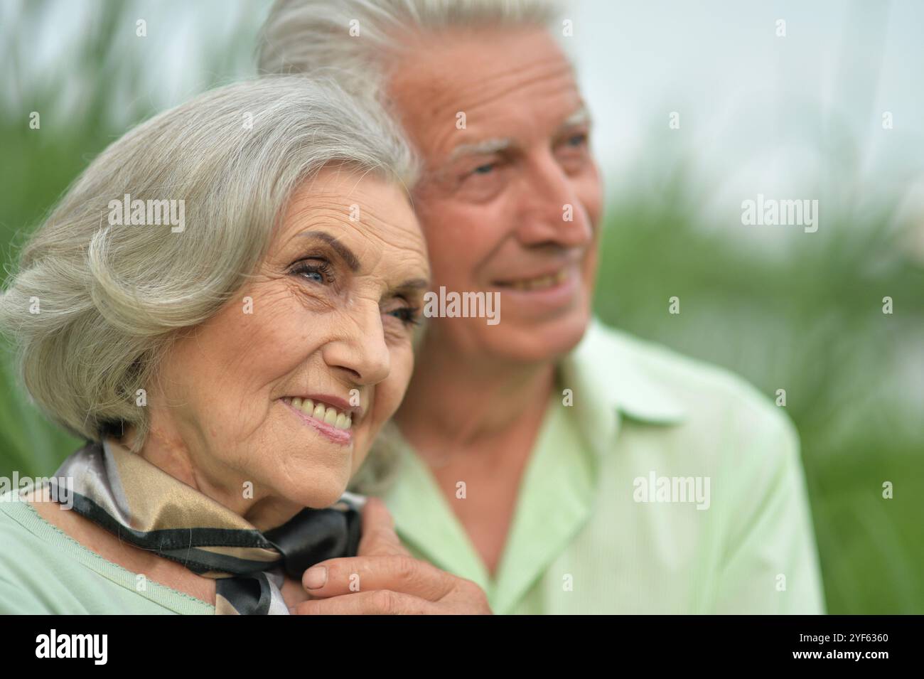 Beautiful elderly couple hugging in the park Stock Photo - Alamy