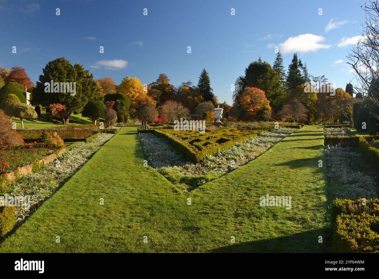 Pathways in the gardens of Drummond Castle, near Crieff, Scotland, UK ...
