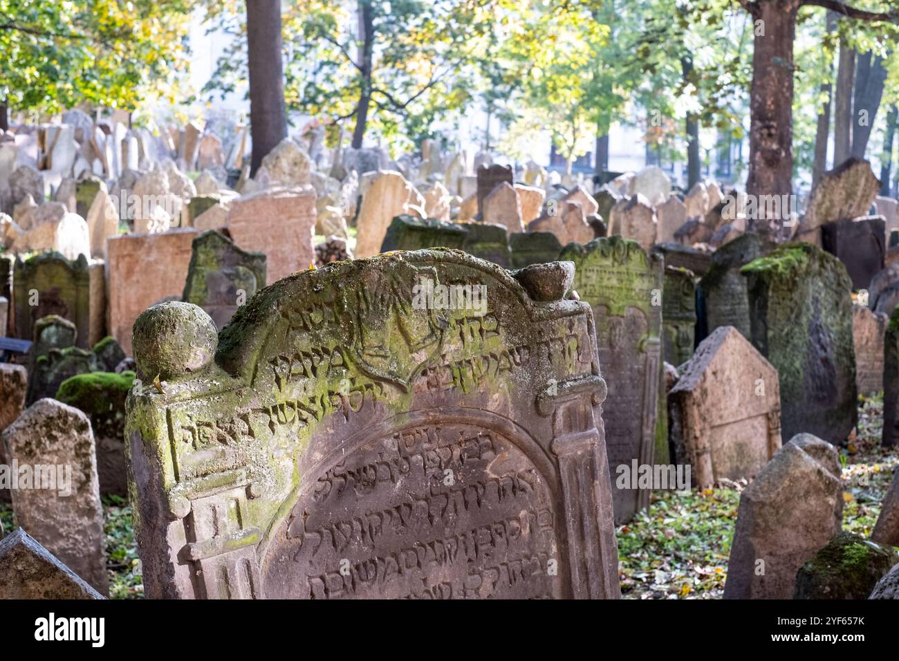 Historic gravestones in the crowded Old Jewish Cemetery in Prague in ...
