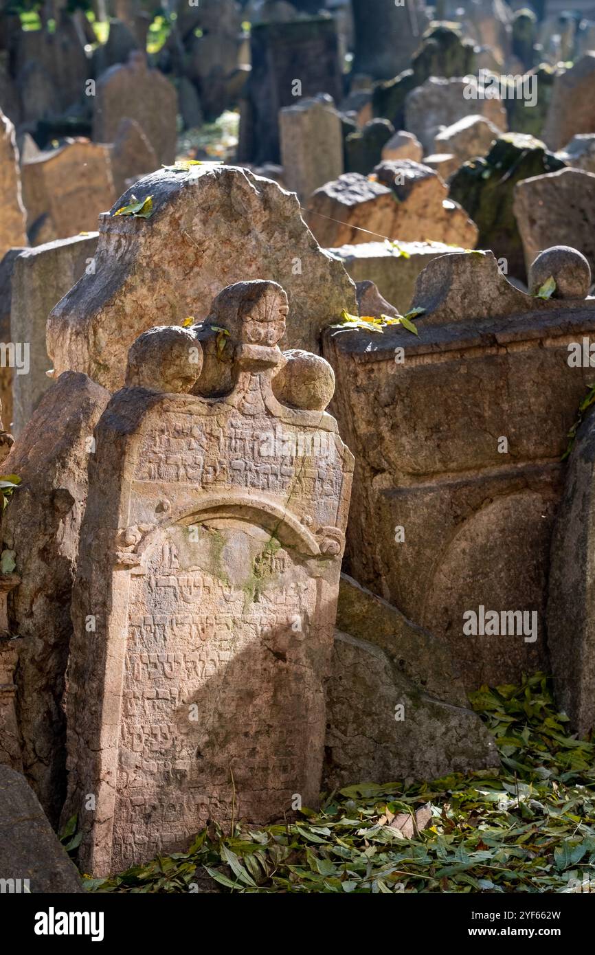 Historic gravestones in the crowded Old Jewish Cemetery in Prague in ...