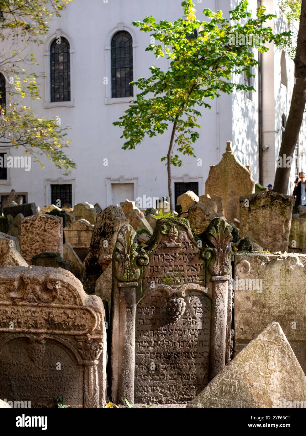 Historic gravestones in the crowded Old Jewish Cemetery in Prague in ...