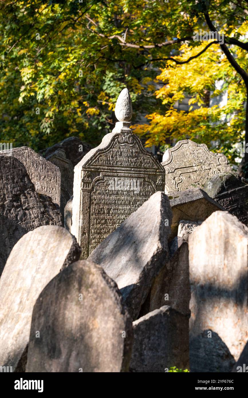 Historic gravestones in the crowded Old Jewish Cemetery in Prague in ...