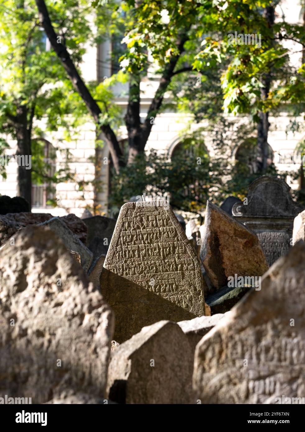 Historic gravestones in the crowded Old Jewish Cemetery in Prague in ...