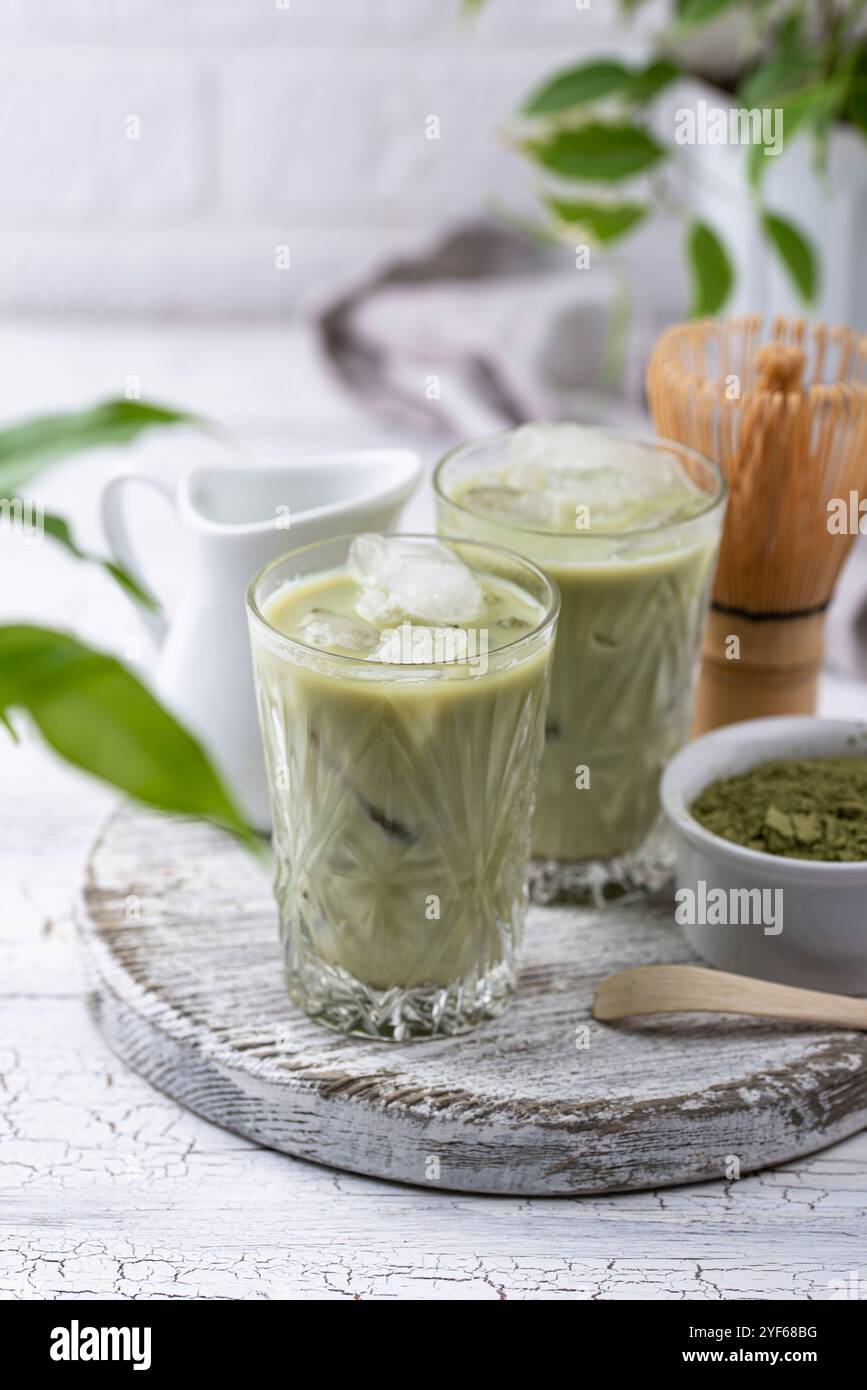Cold matcha tea with milk and ice Stock Photo - Alamy