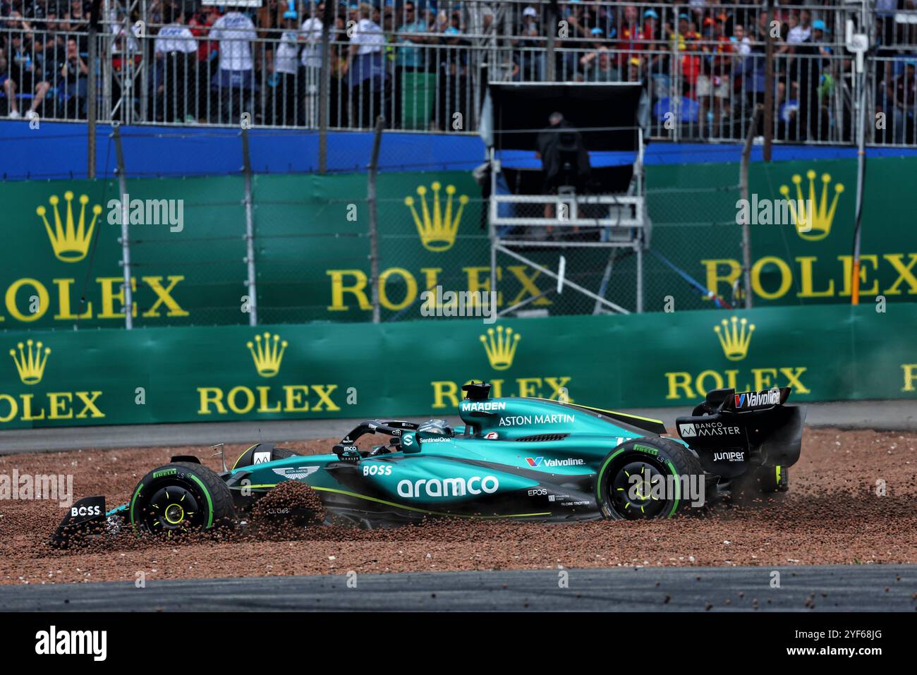Lance Stroll (CDN) Aston Martin F1 Team AMR24 crashed on the formation lap. Formula 1 World ...