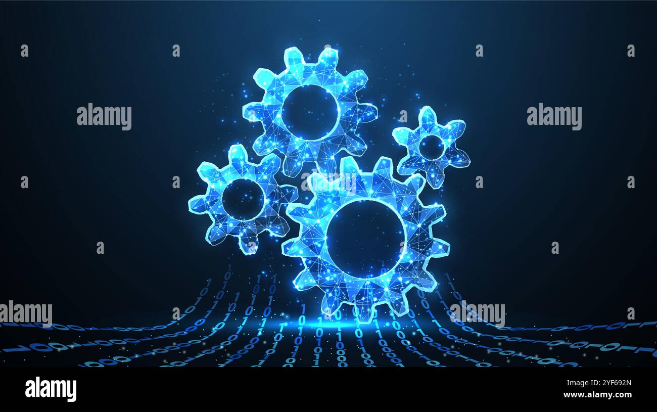 Four gears on blue.. Cog mechanism, engine system, operation progress ...