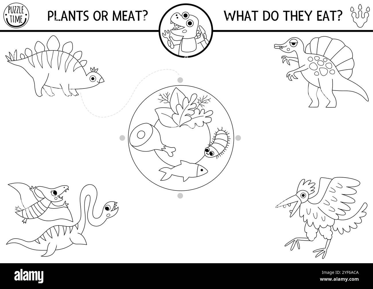 Dinosaur black and white matching activity with cute animals and food ...