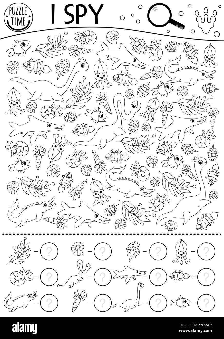 Dinosaur black and white I spy game for kids. Searching and counting ...