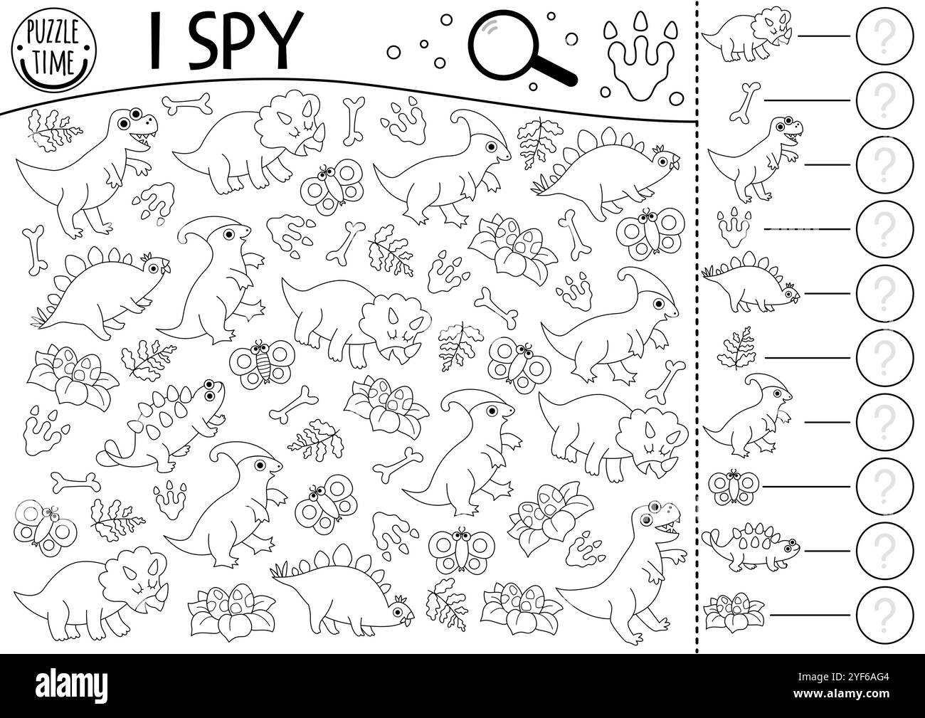 Dinosaur black and white I spy game for kids. Searching and counting ...