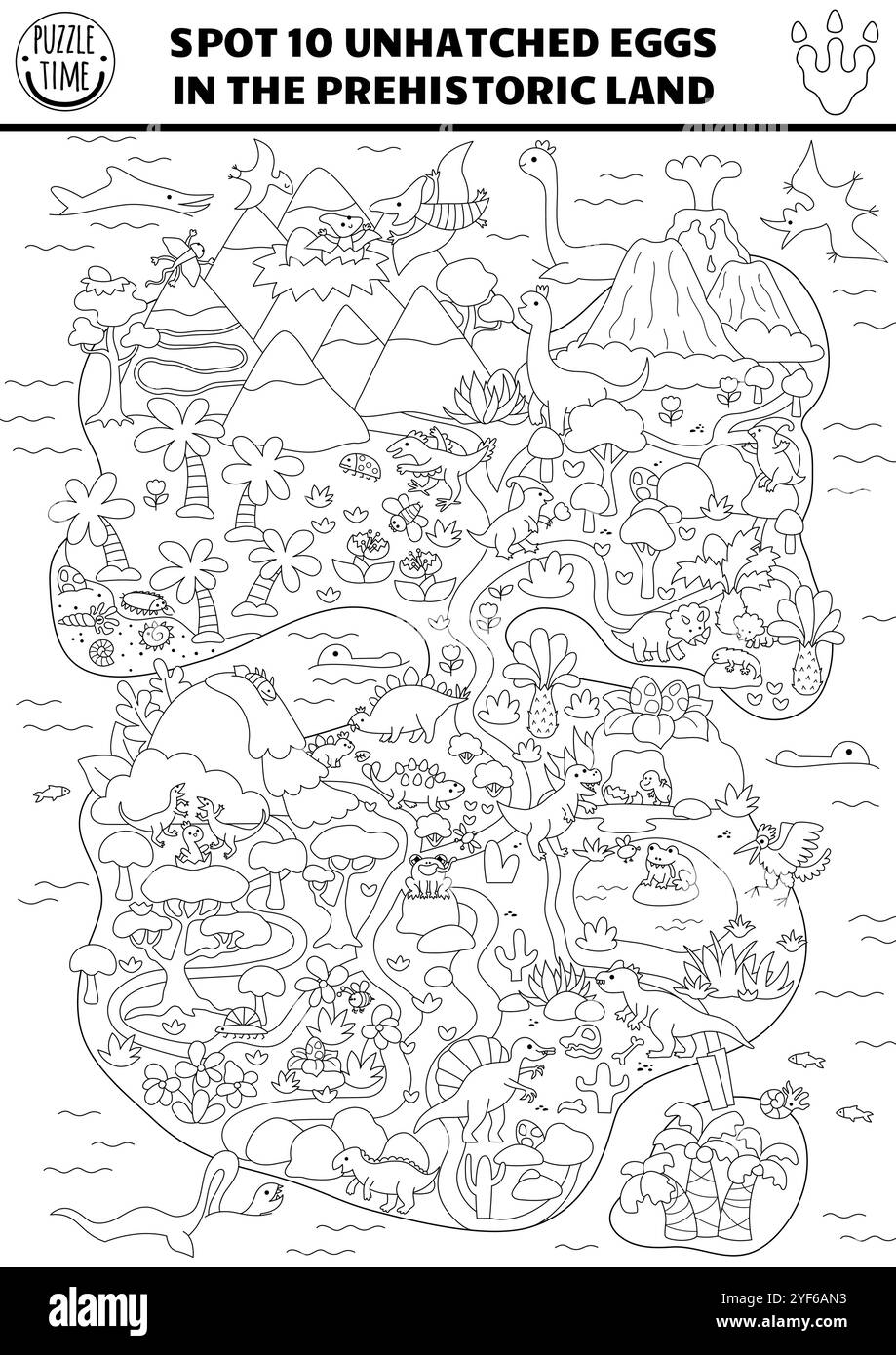 Vector black and white dinosaur searching game with prehistoric ...