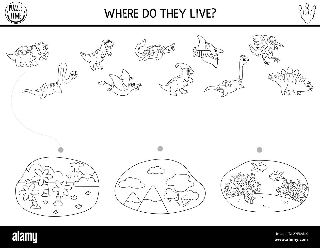Dinosaur black and white matching activity with cute animals and place ...
