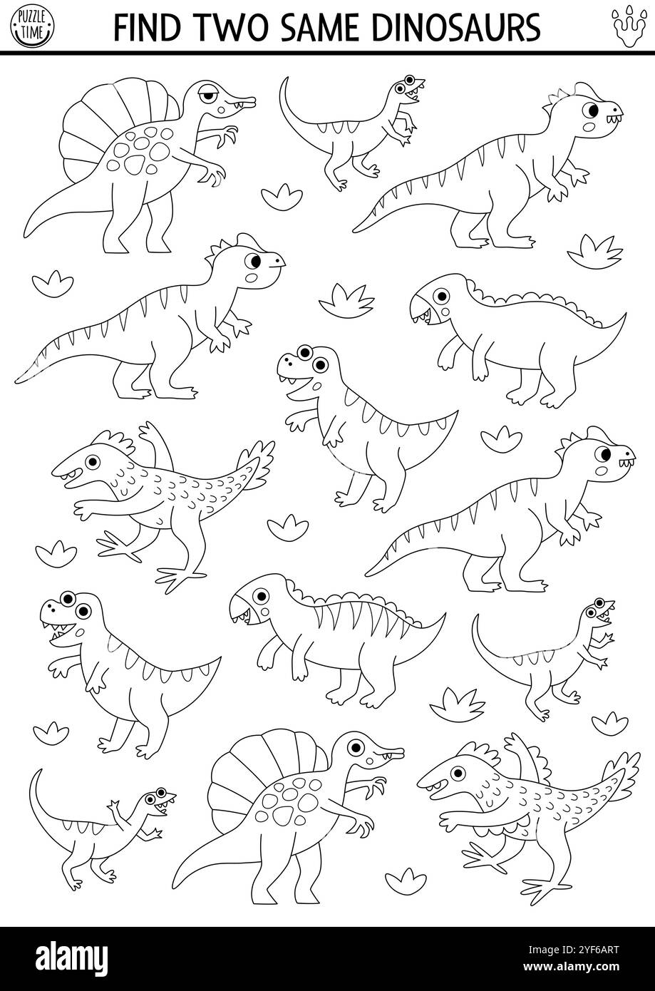 Find two same dinosaurs. Prehistoric black and white matching activity ...