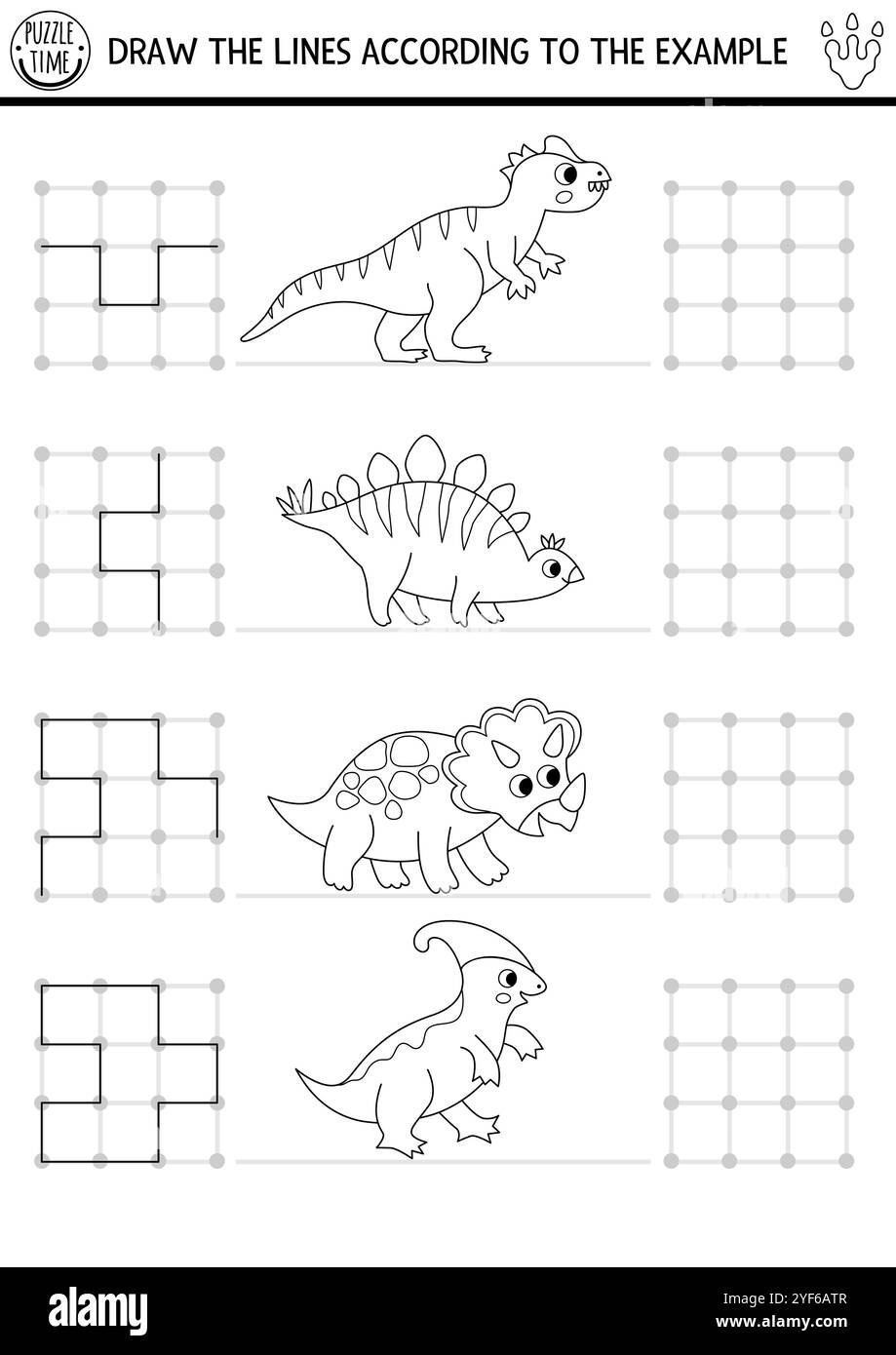 Dinosaur black and white drawing, writing, tracing, space orientation ...