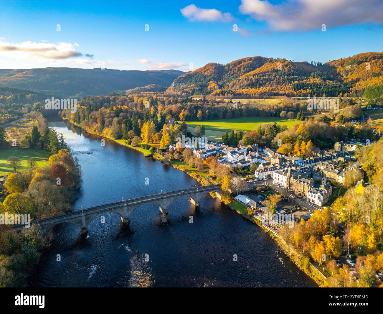 Dunkeld, Scotland, UK. 3rd November, 2024. Aerial view of village of ...