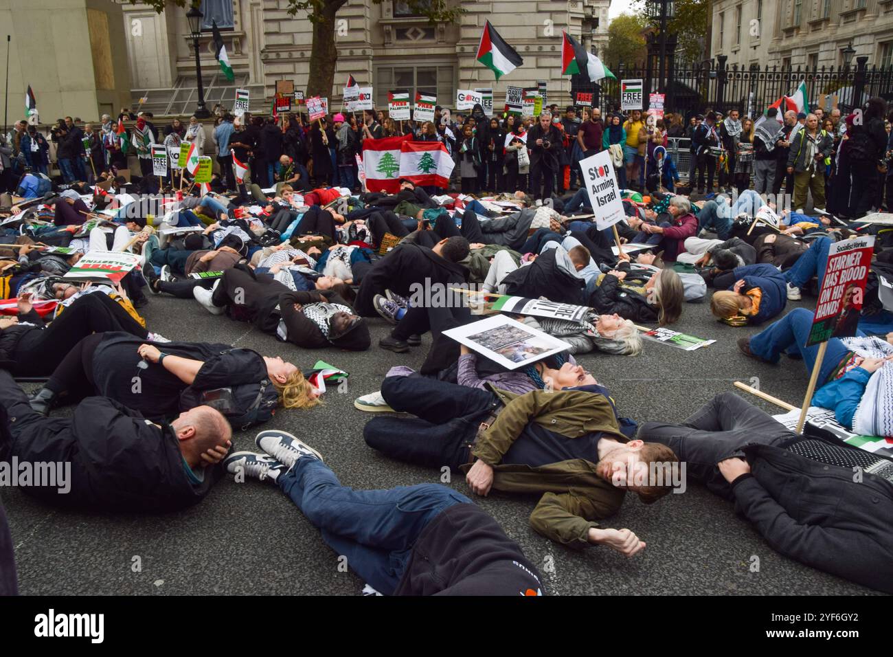 London, UK. 2nd November 2024. Protesters stage a 'die-in' outside ...