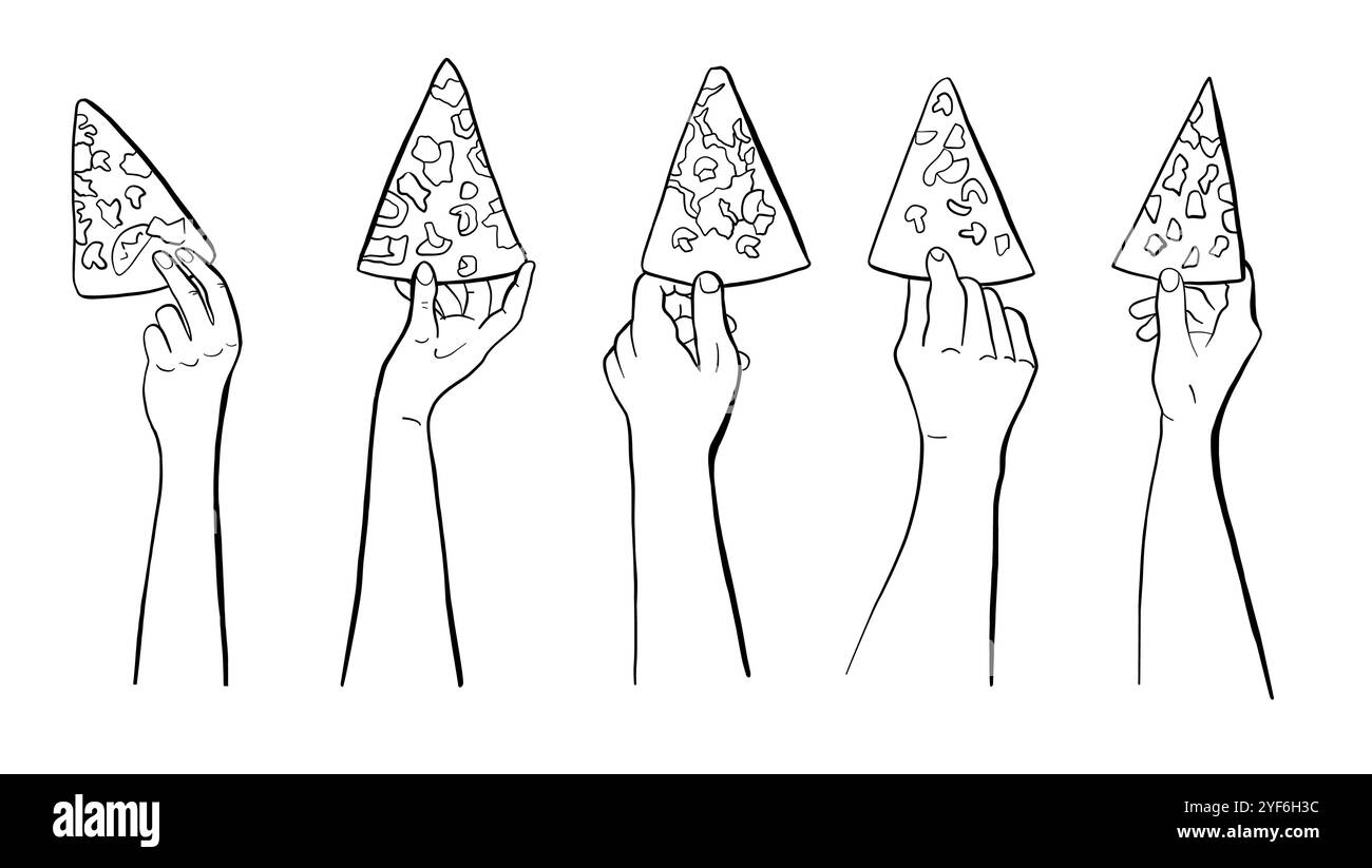 Culinary gestures with human hands taking pizza slices. The division of ...