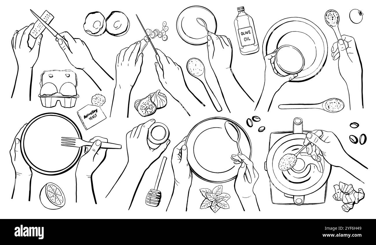 Hand drawn chef hands cooking lunch isolated on white background. Human ...