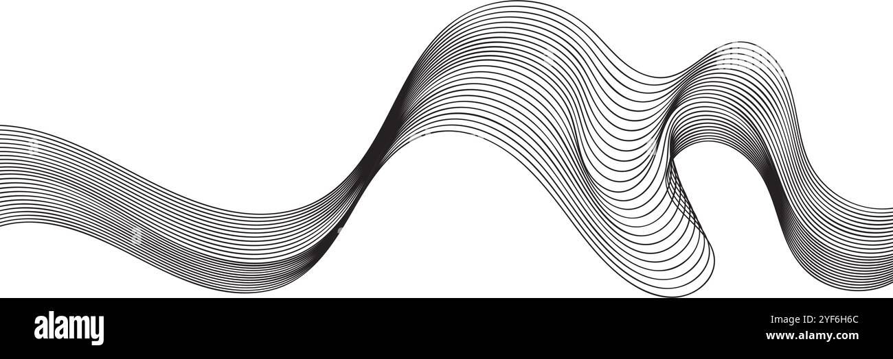 Curved lines flow smoothly across a white backdrop, forming an abstract ...