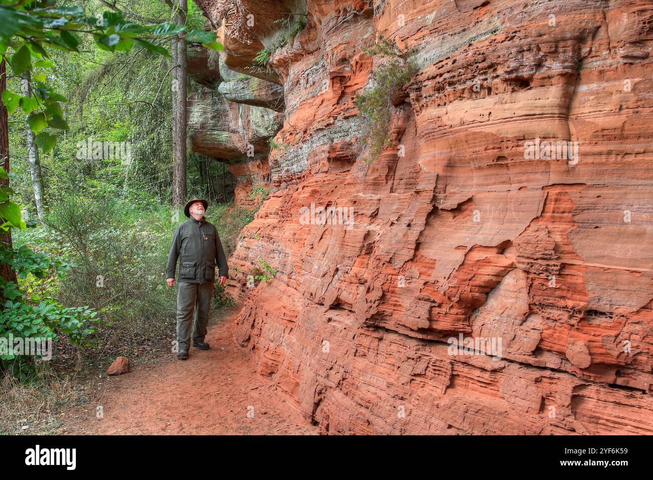 A man stands in awe before a bizarre sandstone cliff in the Palatinate ...