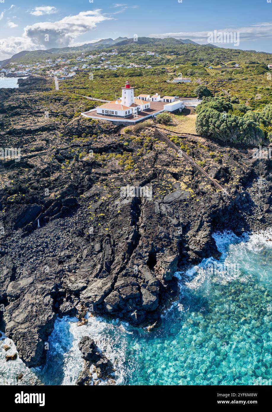 Aerial view of Lighthouse Ponta da Ilha at East Cape of Pico Island ...