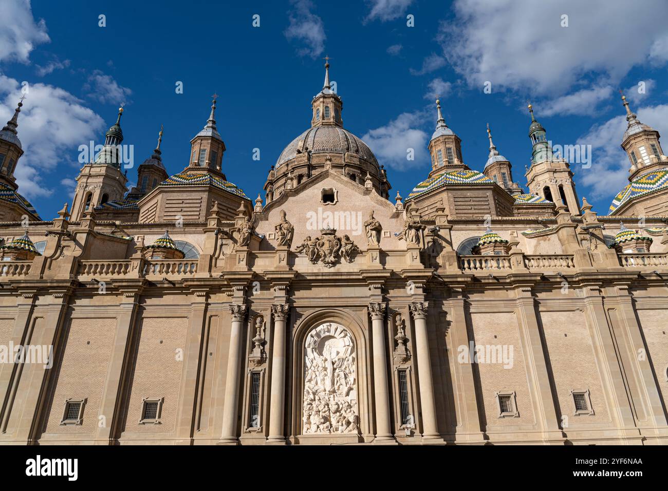 Grand front view of Basilica del Pilar's Baroque facade, adorned with ...