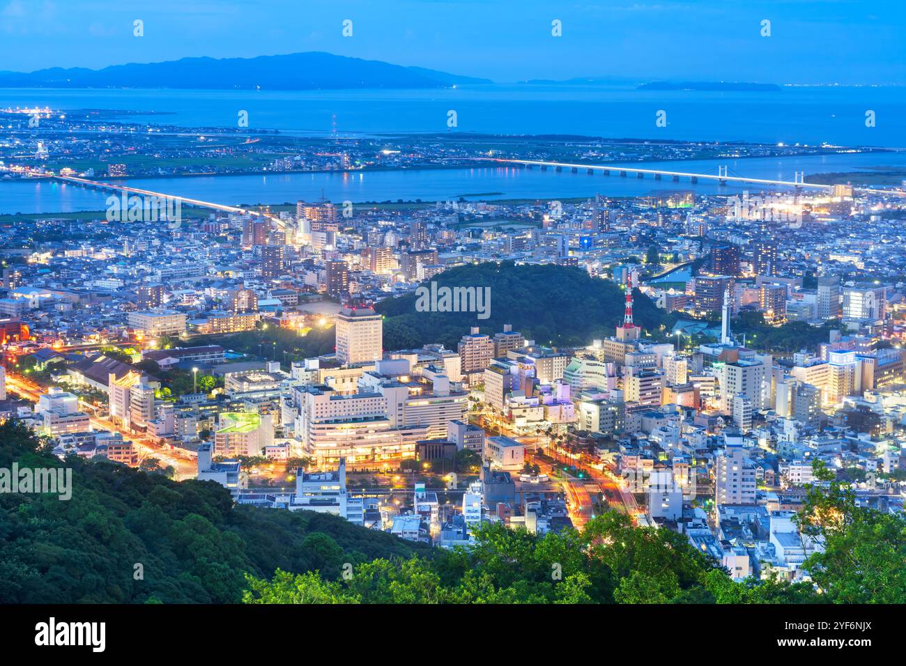 Tokushima, Japan downtown city skyline at blue hour from the mountains ...