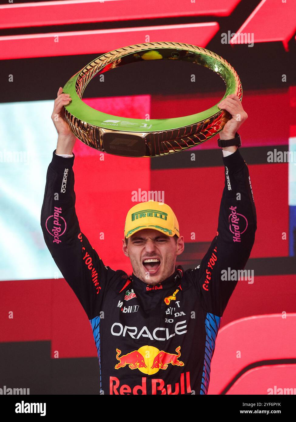 VERSTAPPEN Max (ned), Red Bull Racing RB20, portrait celebrates the ...