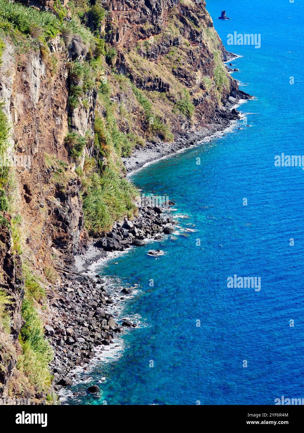 Spectacular view of rugged coastal cliffs descending sharply to meet ...