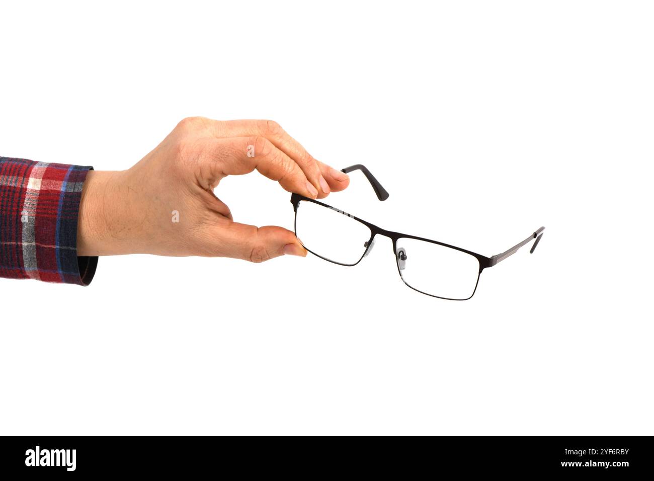 Hand holding plastic black glasses, isolated on white background. High ...