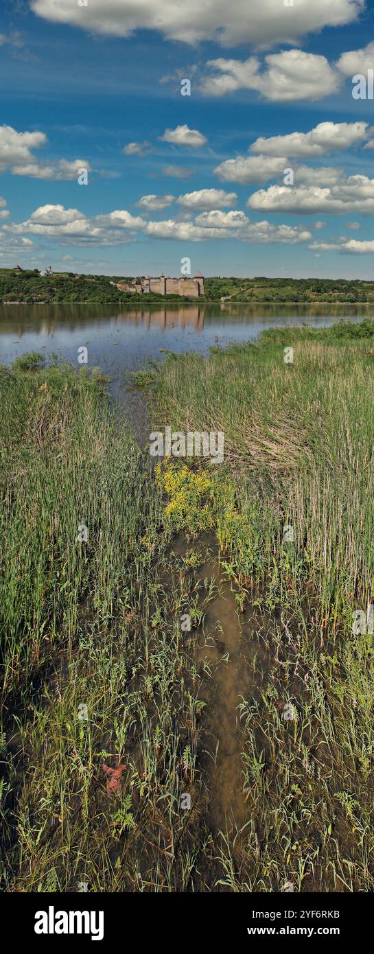 Khotyn Fortress and river Dniester vertical panorama. It is a medieval ...
