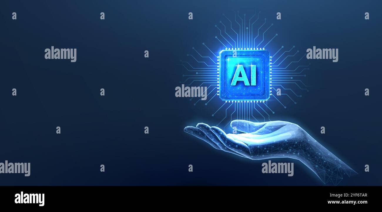 Chip with AI letters in hand. AI technology, robot core, electric line ...