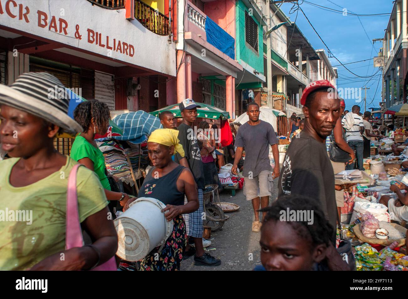 Local market and houses in the historic colonial old town, Jacmel city ...