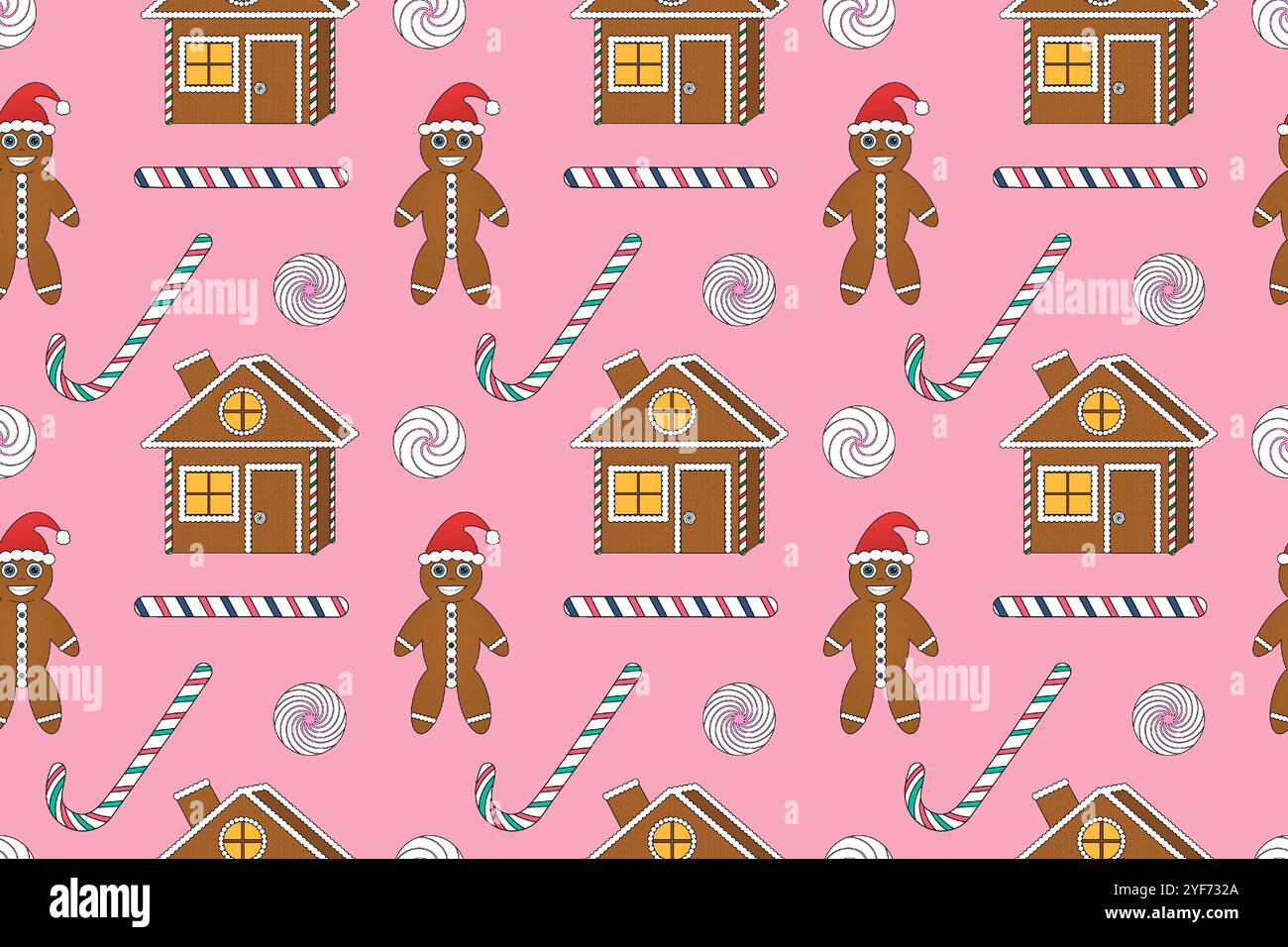 Seamless Christmas pattern featuring gingerbread houses, candy canes ...