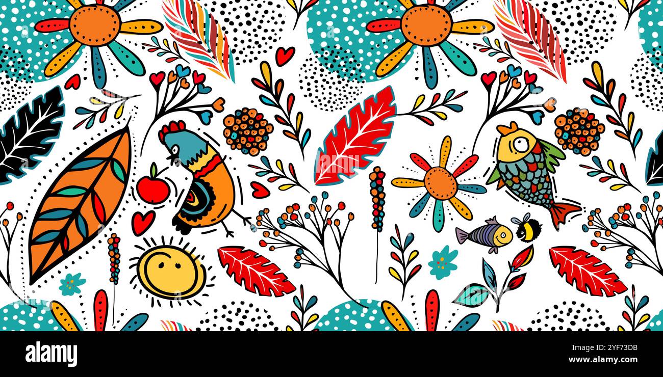 Seamless graphic pattern with birds, leaves, flowers and fish. hand ...