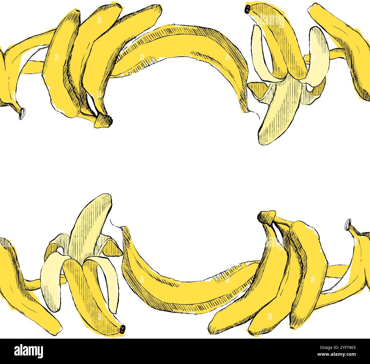 Frame horizontal border made of graphic bananas. Vector illustration isolated on transparent ...