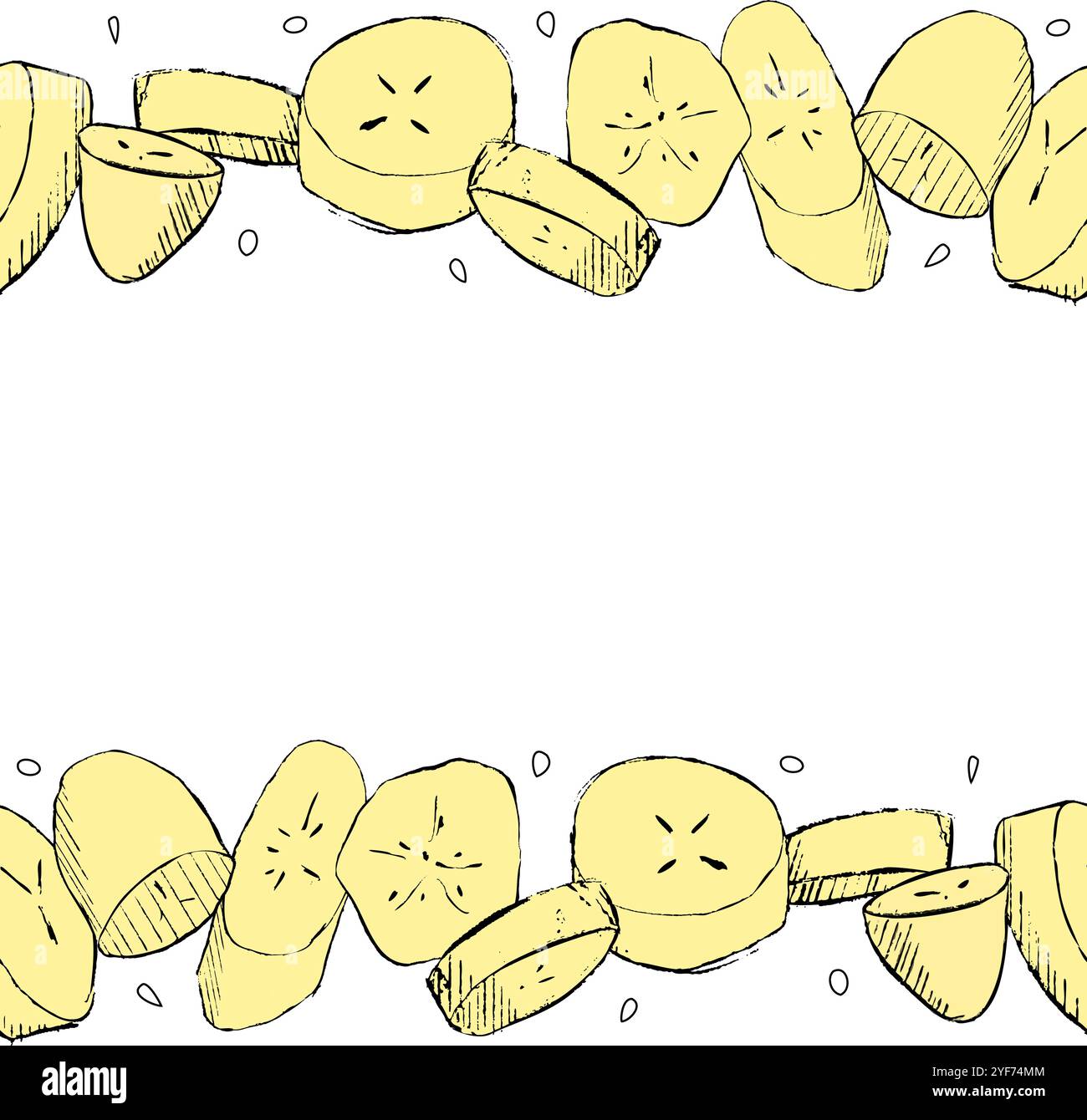 Seamless horizontal border with banana slices. Graphic hand drawn ...