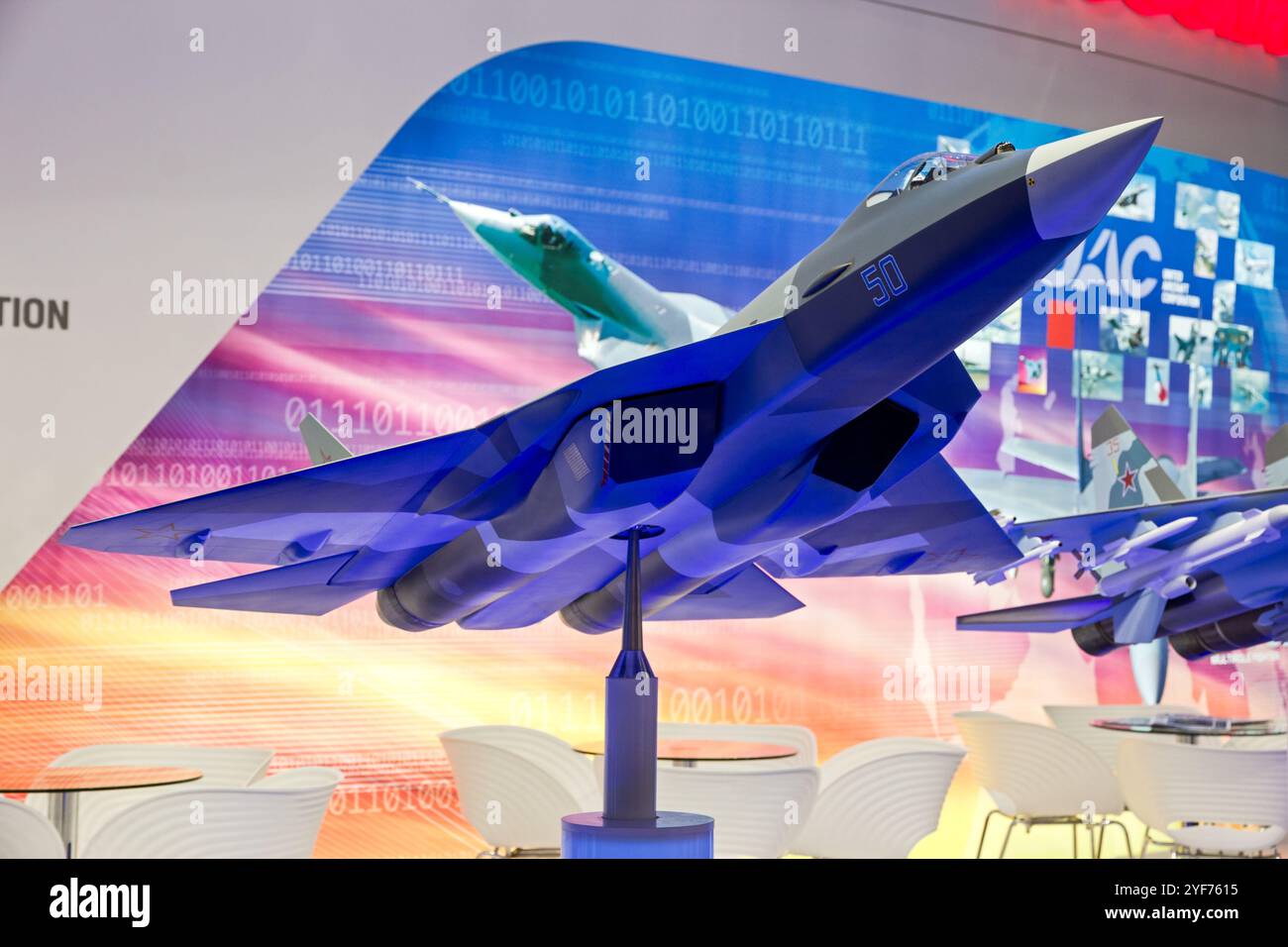 Mock-up Sukhoi Su-57 plane at a stand of the Russian United Aircraft ...