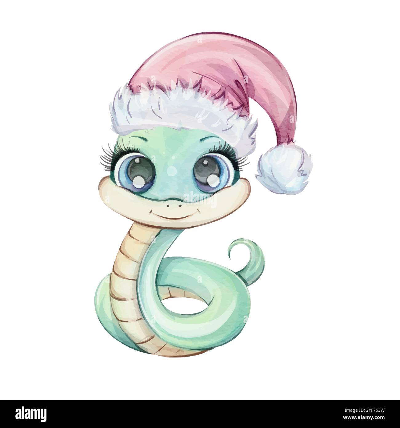 An adorable and cute green snake festive snake wearing a Santa hat for ...