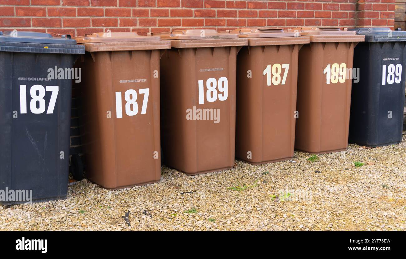 Wheelie bins, numbered, brown, black, bins, household bin, recycle bin ...