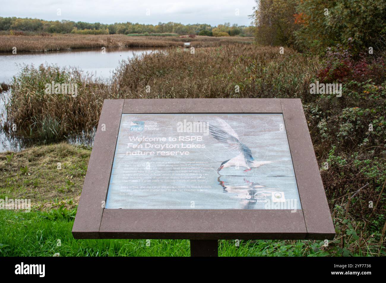 Sign or information board at RSPB Fen Drayton Lakes nature reserve in ...