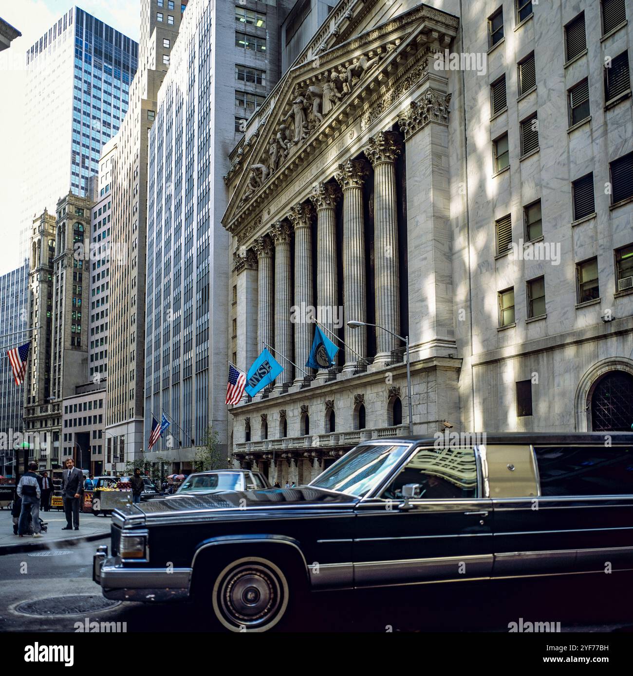 New York 1990s, black limousine, NYSE Stock Exchange facade, Broad street, financial district ...