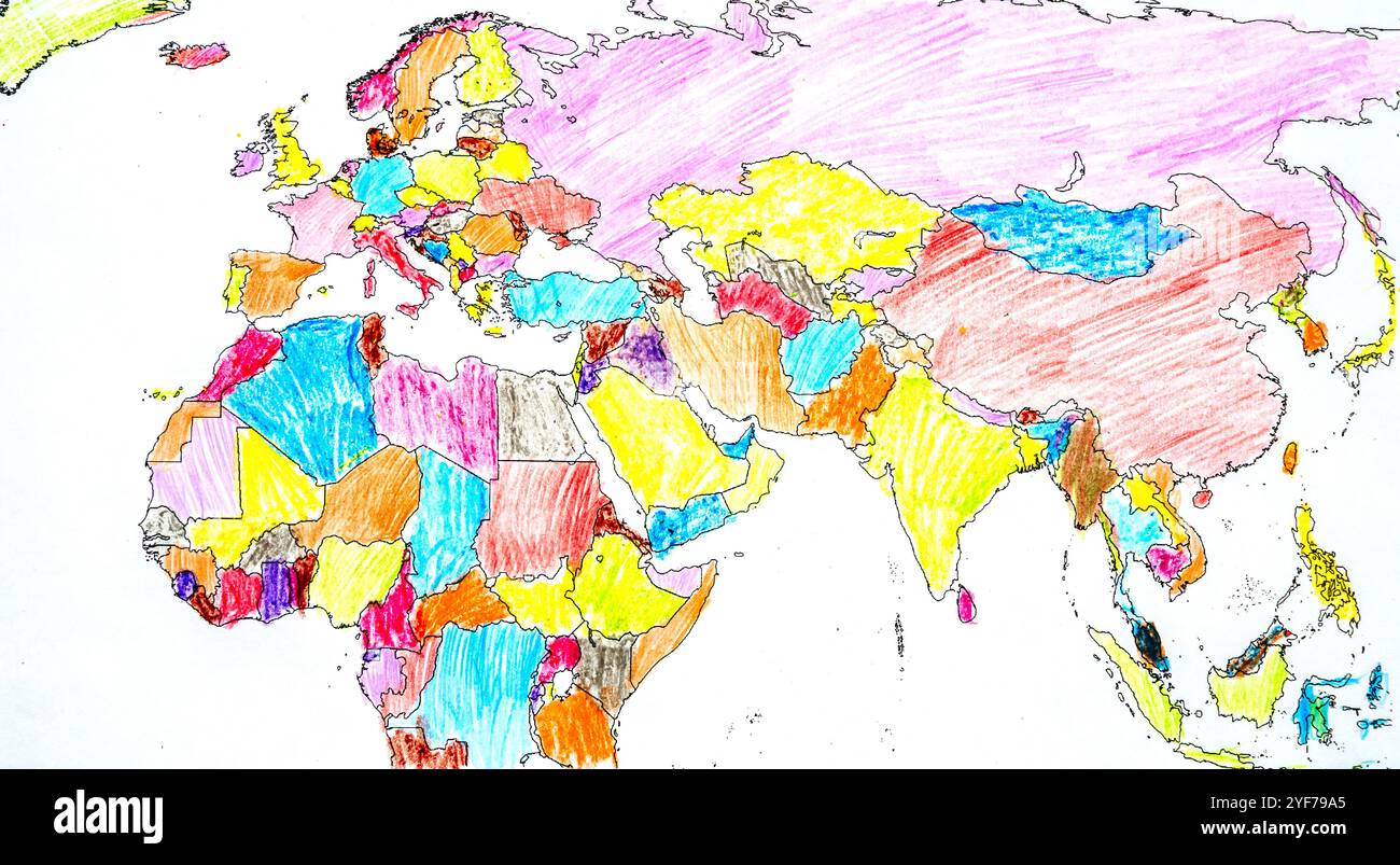 Color drawing world map with colored pencils for children and kids ...