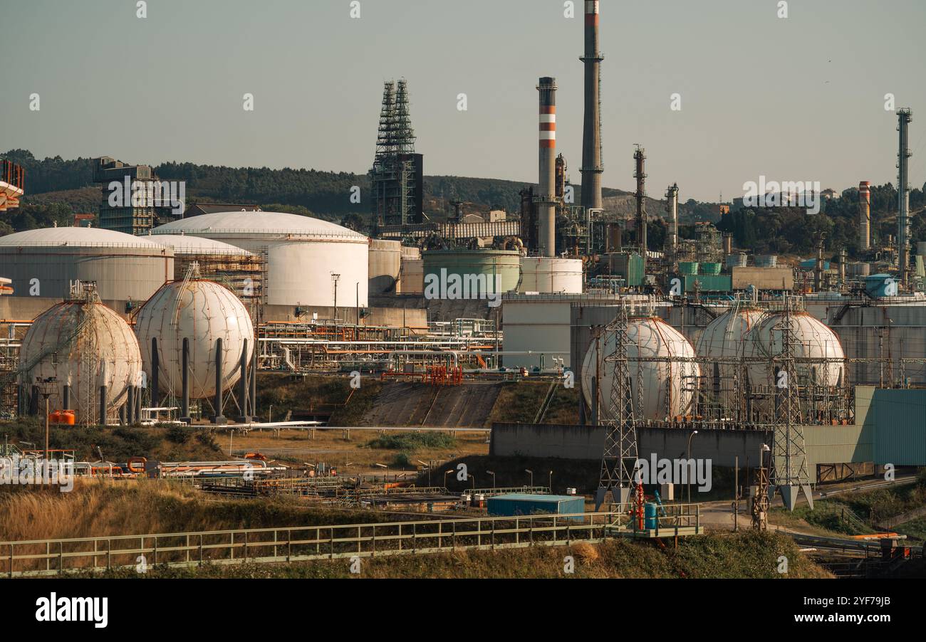 Industrial oil refinery with large spherical and cylindrical storage ...