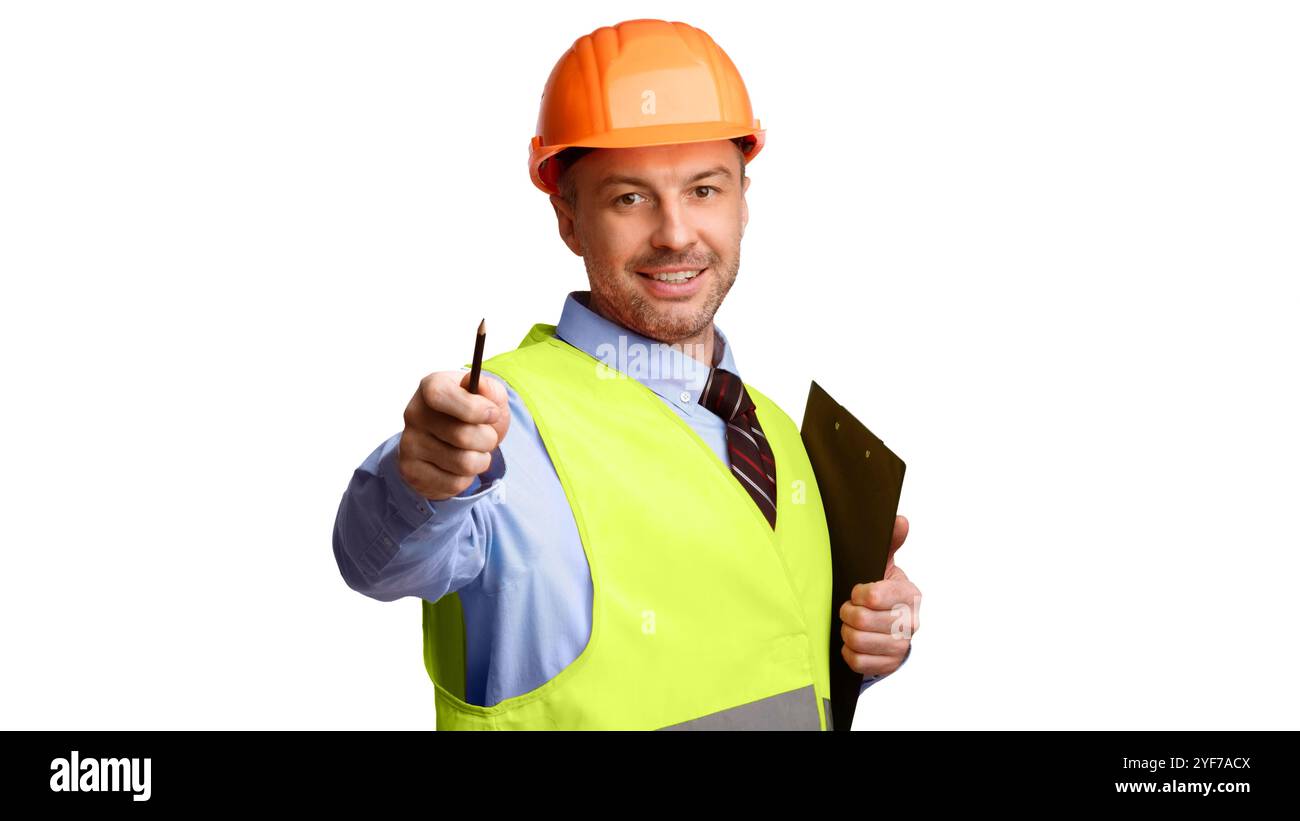 Housebuilder Offering Pen To Sign Labor Contract On White Background ...