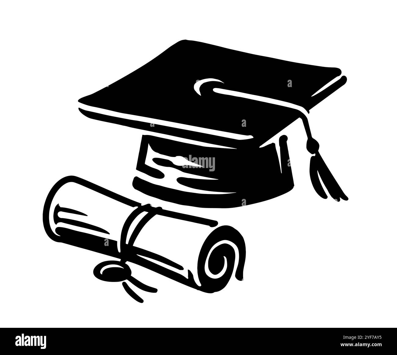 Graduation cap and diploma scroll. High school symbol. Black and white ...