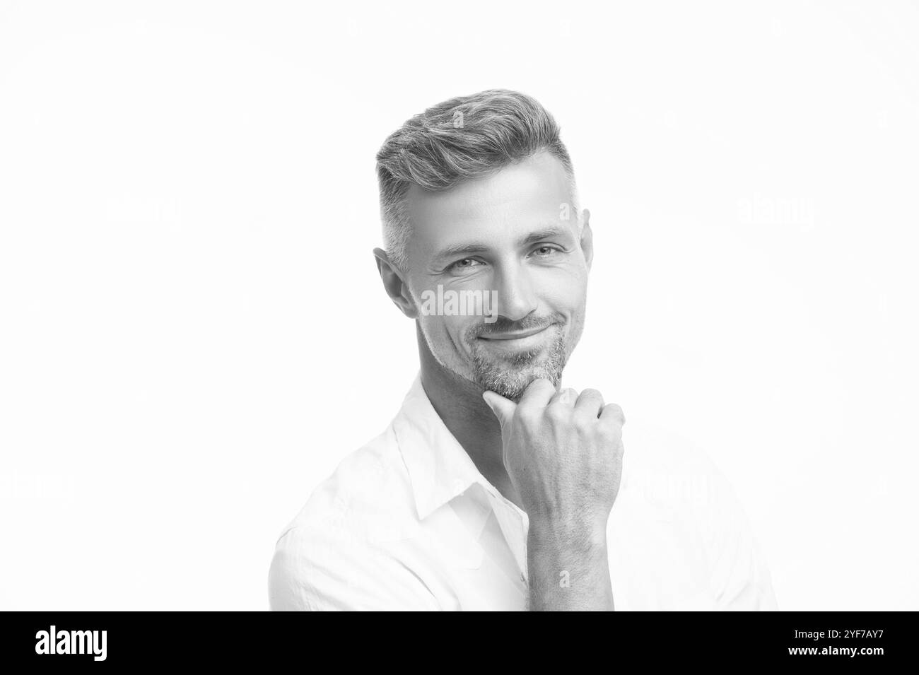 face of positive unshaven guy in white shirt. portrait of unshaven guy ...