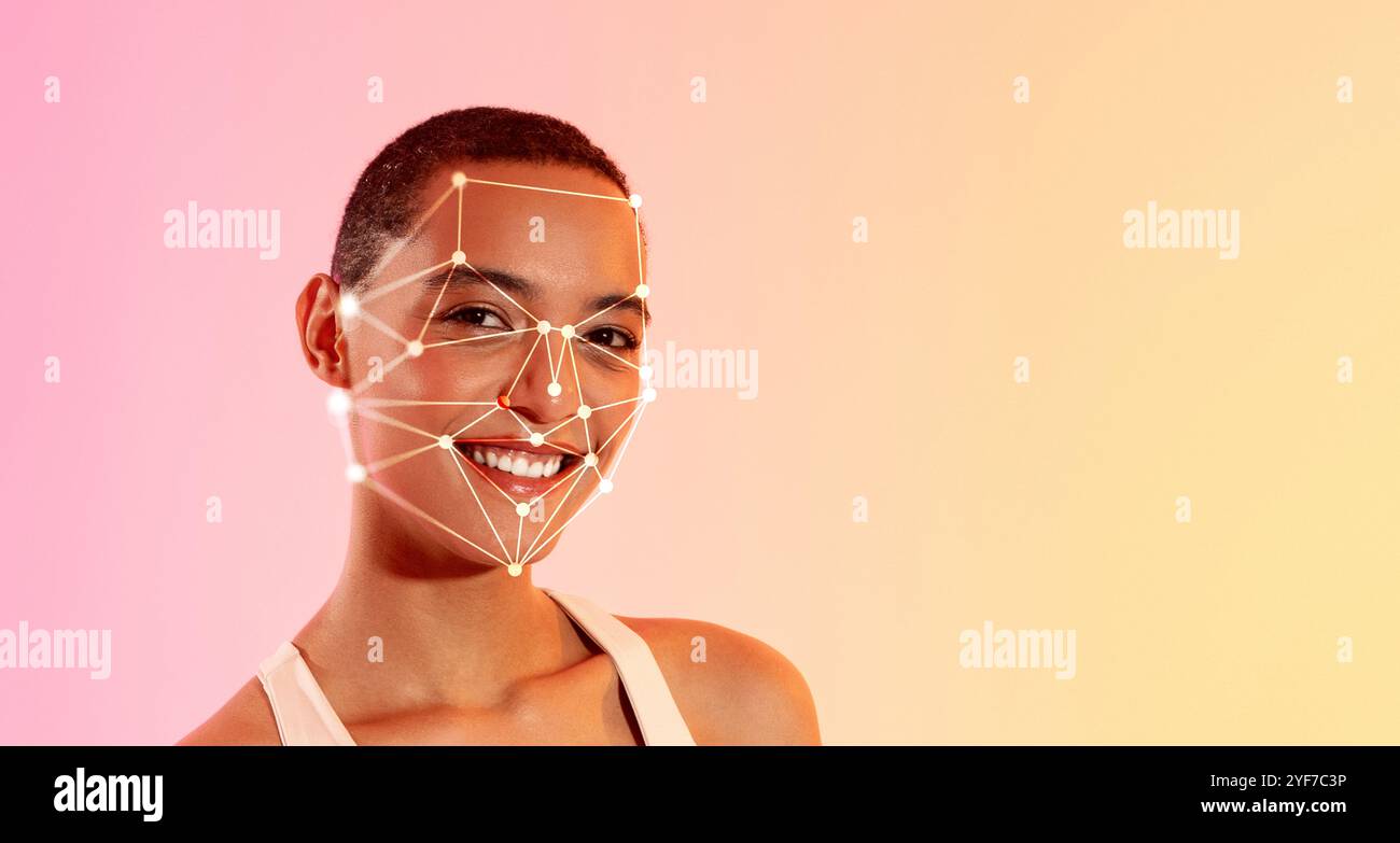 A woman smiling with facial recognition technology overlay in a ...